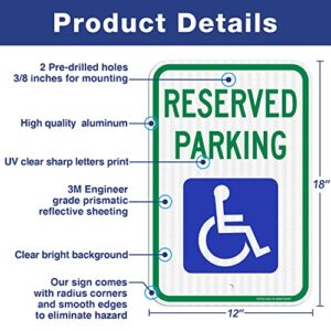 Reserved Parking Signs (4 Pack), Handicap Parking Sign, with Picture of Wheelchair Sign, 18 x 12 Engineer Grade Reflective Sheeting Rust Free Aluminum, Weather Resistant, Waterproof, Durable Ink