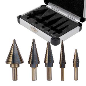 step drill bit set, 5 pcs 50 sizes cobalt step drill bits for metal, wood, plastic sheet, stainless steel metric step drill bit, titanium stepped drill bits