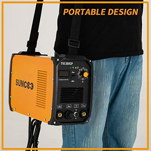 SUNCOO TIG Welder, 200 Amp TIG&MMA/STICK/ARC Welding Machine Inverter DC TIG-200CP HF 110/220V Dual Voltage with LED Digital Display, Brush, Yellow