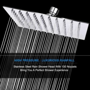 Shower Head with Hose, High Pressure Stainless Steel 8 Inch Rain Showerhead and 3 Settings Handheld Shower Spray Combo with Push Button Flow Control(NearMoon Square Shower Head Set) (Chrome Finish)