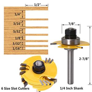 Yakamoz 1/4 Inch Shank 3-Wing Adjustable Slot Cutter Router Bit Set with Bearings | 6-Picecs Slotting Cutting Blades, 1/2 Inch Cutting Depth, 6 Different Cutting Widths