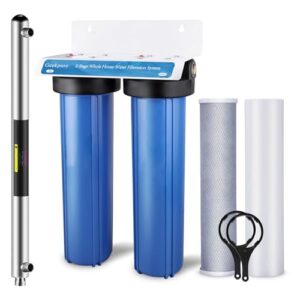 geekpure 3 stage whole house water filter system with 4.5 x 20 inch housing 5 micron pp sediment + carbon filters +12 gpm uv filter-1 inch brass npt port