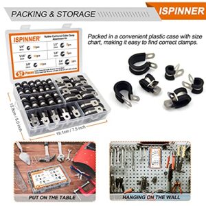 ISPINNER 52pcs Cable Clamps Assortment Kit, 304 Stainless Steel Rubber Cushion Pipe Clamps in 6 Sizes 1/4" 5/16" 3/8" 1/2" 5/8" 3/4"