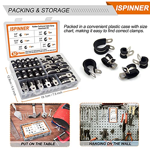 ISPINNER 52pcs Cable Clamps Assortment Kit, 304 Stainless Steel Rubber Cushion Pipe Clamps in 6 Sizes 1/4" 5/16" 3/8" 1/2" 5/8" 3/4"