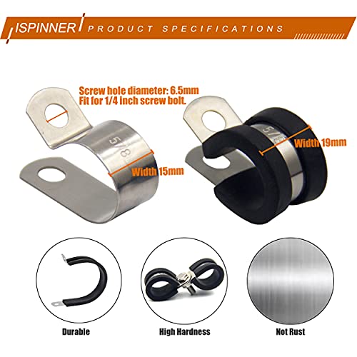 ISPINNER 52pcs Cable Clamps Assortment Kit, 304 Stainless Steel Rubber Cushion Pipe Clamps in 6 Sizes 1/4" 5/16" 3/8" 1/2" 5/8" 3/4"