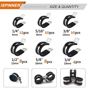 ISPINNER 52pcs Cable Clamps Assortment Kit, 304 Stainless Steel Rubber Cushion Pipe Clamps in 6 Sizes 1/4" 5/16" 3/8" 1/2" 5/8" 3/4"