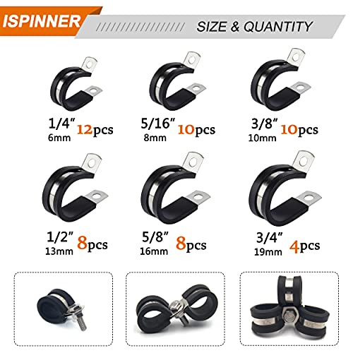 ISPINNER 52pcs Cable Clamps Assortment Kit, 304 Stainless Steel Rubber Cushion Pipe Clamps in 6 Sizes 1/4" 5/16" 3/8" 1/2" 5/8" 3/4"