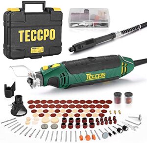 teccpo rotary tool kit, 110 accessories, 4 attachments, carrying case, 6 variable speed with flex shaft, protective shield, sharpening guide, cutting guide, ideal for crafting project and diy