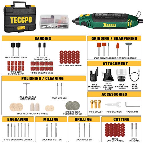 TECCPO Rotary Tool Kit, 110 Accessories, 4 Attachments, Carrying Case, 6 Variable Speed with Flex shaft, Protective Shield, Sharpening Guide, Cutting Guide, Ideal for Crafting Project and DIY