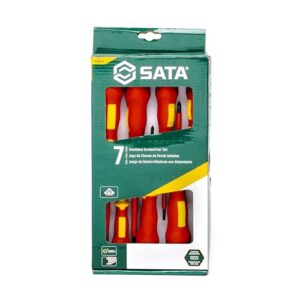 SATA 7-Piece VDE Insulated Electricians Screwdriver Set with Red and YellowHandles and A2 Steel Blades Tested to 10,000 Volts - ST09303