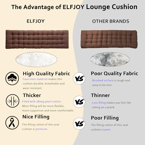 ELFJOY Lounge Chair Cushion Faux Linen Zero Gravity Chair Cushion with Ties Thick Padded Long Bench Cushion for Recliner Chaise Longue Sun Lounger Bench Porch Swing Coffee 63 Inch