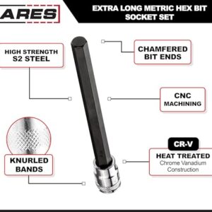 ARES 39007 - Extra Long Metric Hex Bit Socket Set - S2 Bit Provides Greater Torque - Convenient Storage Rail Included - Heat Treated Chrome Vanadium Steel Sockets