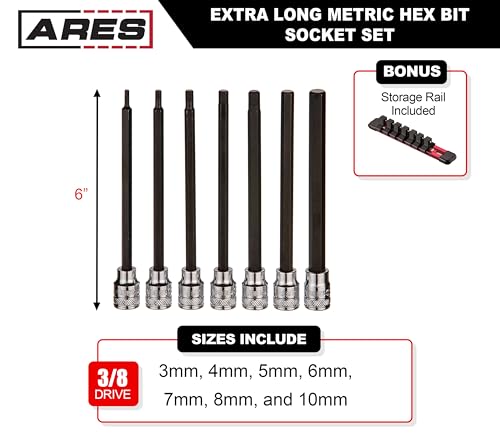 ARES 39007 - Extra Long Metric Hex Bit Socket Set - S2 Bit Provides Greater Torque - Convenient Storage Rail Included - Heat Treated Chrome Vanadium Steel Sockets