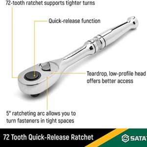 SATA 3/8-Inch Drive Quick-Release 72-Tooth Ratchet with an Teardrop Head, Full-Polished Chrome Finish - ST12971U