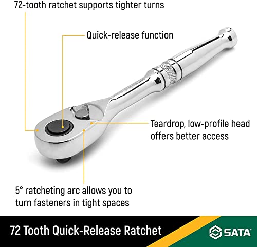 SATA 3/8-Inch Drive Quick-Release 72-Tooth Ratchet with an Teardrop Head, Full-Polished Chrome Finish - ST12971U