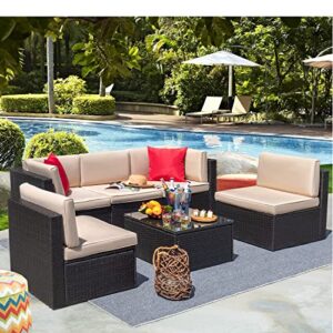 devoko patio furniture sets 6 pieces outdoor sectional rattan sofa manual weaving wicker patio conversation set with glass table and cushion (beige)