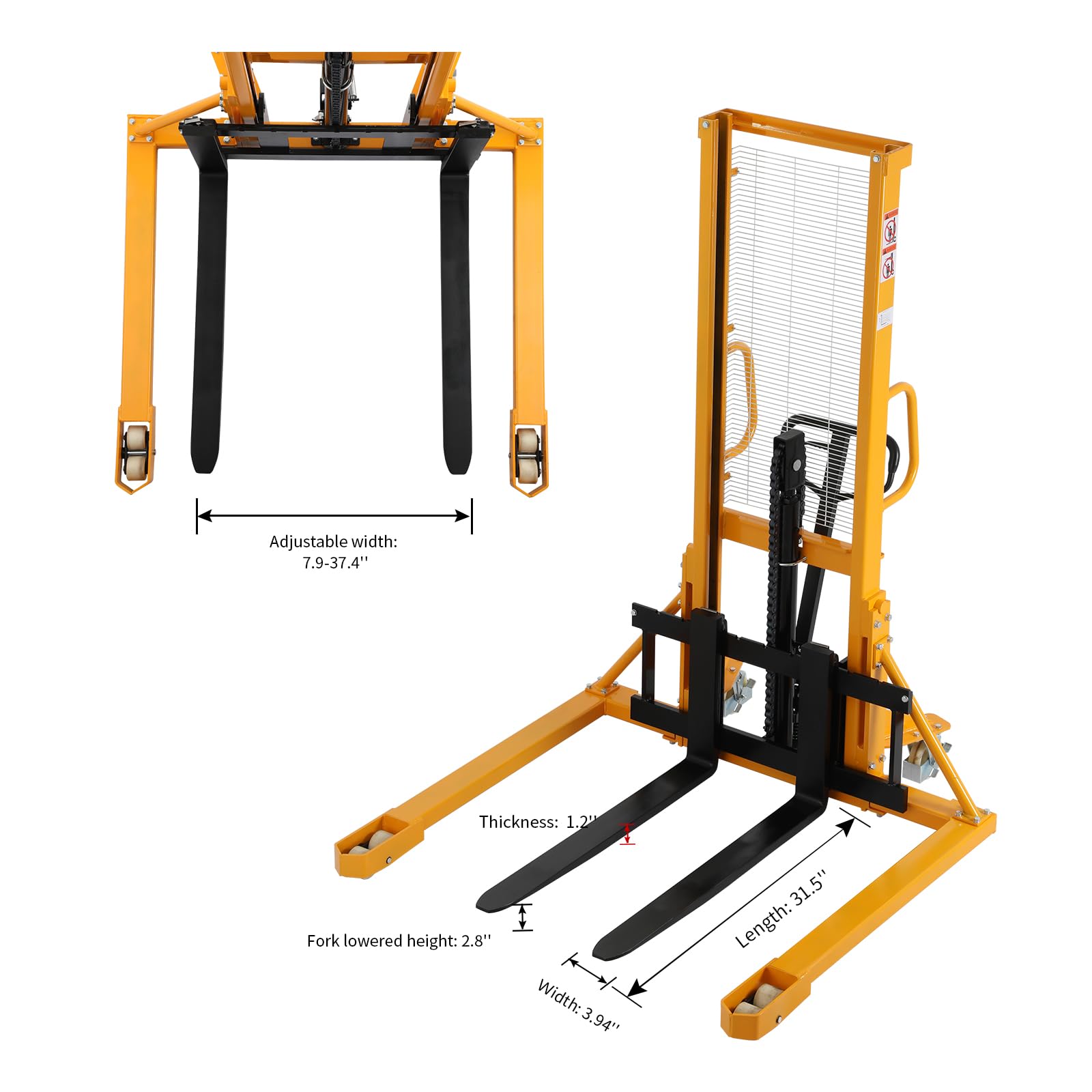 APOLLOLIFT Manual Pallet Stacker with Straddle Legs 2200lbs Capacity 63" Lift Height, Adjustable Forks