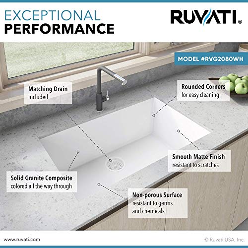 Ruvati 33 x 19 inch Granite Composite Undermount Single Bowl Kitchen Sink - Arctic White - RVG2080WH