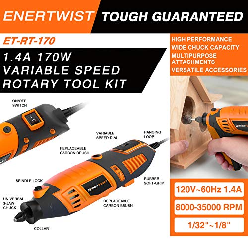 EnerTwist Rotary Tool Kit with MultiPro Keyless Chuck, 36" Flex Shaft, 10 Universal Attachments and 130 Accessories, Variable Speed Electric Drill Set for Home DIY and Crafting Projects, ET-RT-170