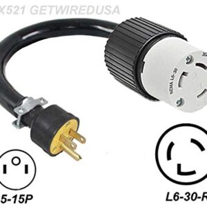 5-15P 3-Pin Male 110/125V Wall Plug To L6-30R 110/125V 3-Prong Receptacle Outlet Miller Lincoln Hobart Plasma Cutter Welder Mig Tig Arc Adapter, Electrical Power Connector Cord Converter NEMA FX521