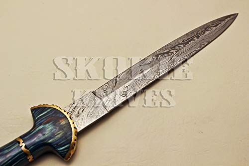 Skokie Knives Handmade Damascus Steel Dagger Knife - Steel Handle Pakka Wood and Brass Spacer