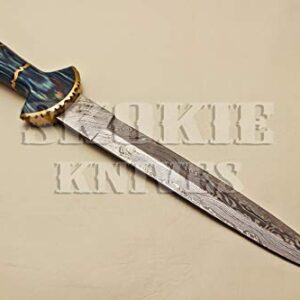 Skokie Knives Handmade Damascus Steel Dagger Knife - Steel Handle Pakka Wood and Brass Spacer