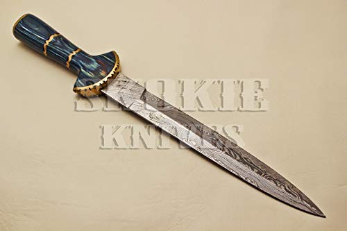 Skokie Knives Handmade Damascus Steel Dagger Knife - Steel Handle Pakka Wood and Brass Spacer