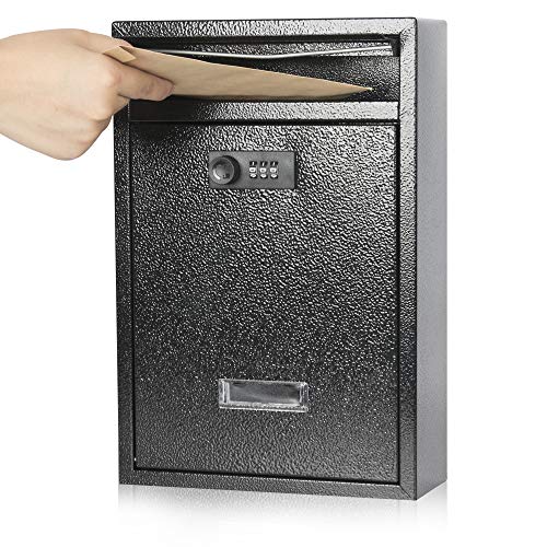 KYODOLED Locking Wall Mount Mailbox,Mail Boxes Outdoor with Combination Lock，Security Key Drop Box,12.4Hx 8.54Lx 3.35W Inches,Black Large