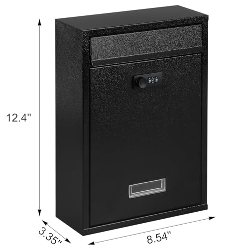 KYODOLED Locking Wall Mount Mailbox,Mail Boxes Outdoor with Combination Lock，Security Key Drop Box,12.4Hx 8.54Lx 3.35W Inches,Black Large