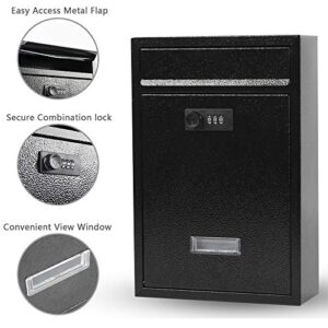 KYODOLED Locking Wall Mount Mailbox,Mail Boxes Outdoor with Combination Lock，Security Key Drop Box,12.4Hx 8.54Lx 3.35W Inches,Black Large