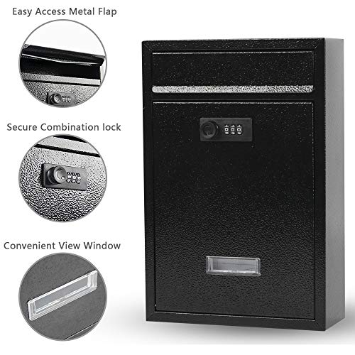 KYODOLED Locking Wall Mount Mailbox,Mail Boxes Outdoor with Combination Lock，Security Key Drop Box,12.4Hx 8.54Lx 3.35W Inches,Black Large