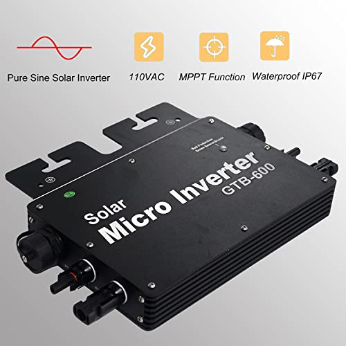 Pikasola 600W Waterproof IP65 Micro Solar Inverter with 22-50VDC Wide Input Voltage to auto 110VAC for 2 pcs 300w Solar Panels MPPT Grid Tie Inverter