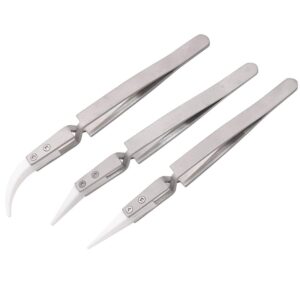 YAKAMOZ 3pcs Precision Reverse Ceramic Tweezers Non-Conductive, Heat Resistant, Anti-Magnetic Pointed & Curved Tips Tweezer Set for Pinching Coils While Firing