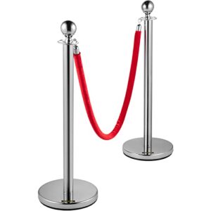 VEVOR 4PCS Stainless Steel Stanchion Posts Queue, Red Velvet Ropes Silver, 38In Rope Barriers Queue Line Crowd Control Barriers for Party Supplies