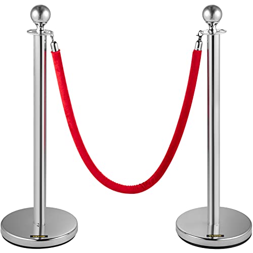 VEVOR 4PCS Stainless Steel Stanchion Posts Queue, Red Velvet Ropes Silver, 38In Rope Barriers Queue Line Crowd Control Barriers for Party Supplies