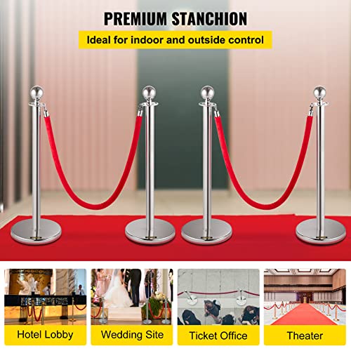 VEVOR 4PCS Stainless Steel Stanchion Posts Queue, Red Velvet Ropes Silver, 38In Rope Barriers Queue Line Crowd Control Barriers for Party Supplies