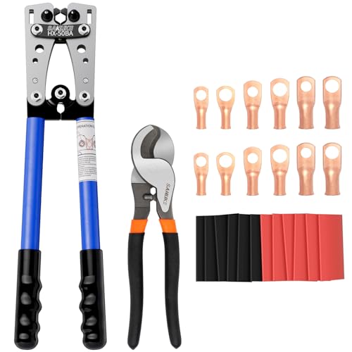 Sanuke Battery Cable wire Lug Crimping Tool for AWG 8-1/0 Electrical Lug Crimper with Cable Cutter and 12PCS Lugs Tubular Ring Terminal Connectors and 10PCS 3:1 Dual Wall Adhesive Heat Shrink Tubing