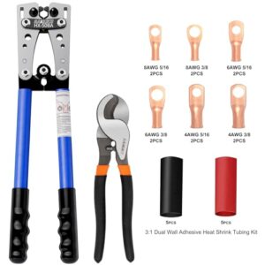 Sanuke Battery Cable wire Lug Crimping Tool for AWG 8-1/0 Electrical Lug Crimper with Cable Cutter and 12PCS Lugs Tubular Ring Terminal Connectors and 10PCS 3:1 Dual Wall Adhesive Heat Shrink Tubing