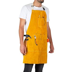 ur shield heavy duty leather welding apron for men -cowhide blacksmith apron 6 pockets - fire resistant work apron - leather apron for welders - blacksmith apron