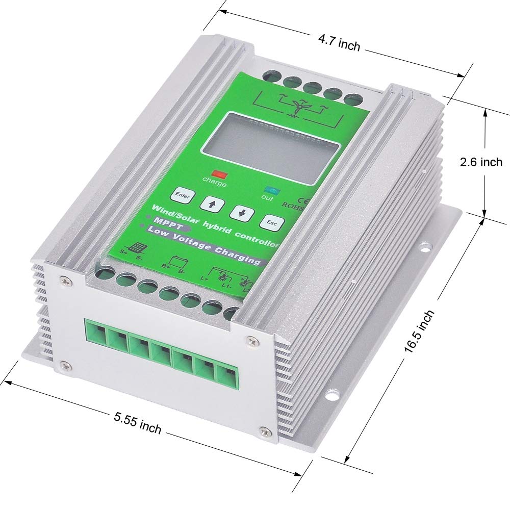 Pikasola 1400W 12/24v Battery Off Grid Controller Wind Turbine Solar Hybrid MPPT Charge Boost Controller with Unloader Suitable for 800w Wind Generator 600w Solar Panel System Controller