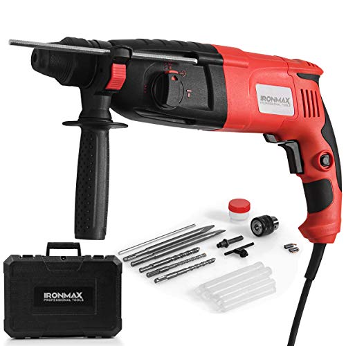 Goplus Professional Tools 1" SDS-Plus Rotary Hammer, 3 Mode in 1 Electric 9 Amp Corded Hammer Kit, with Adjustable Speed, Rotating Handle, Grease, Flat and Point Chisels, 3 Drill Bits and Case