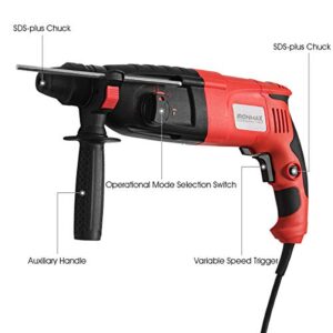 Goplus Professional Tools 1" SDS-Plus Rotary Hammer, 3 Mode in 1 Electric 9 Amp Corded Hammer Kit, with Adjustable Speed, Rotating Handle, Grease, Flat and Point Chisels, 3 Drill Bits and Case