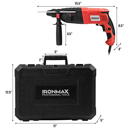 Goplus Professional Tools 1" SDS-Plus Rotary Hammer, 3 Mode in 1 Electric 9 Amp Corded Hammer Kit, with Adjustable Speed, Rotating Handle, Grease, Flat and Point Chisels, 3 Drill Bits and Case