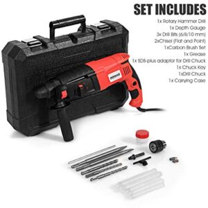 Goplus Professional Tools 1" SDS-Plus Rotary Hammer, 3 Mode in 1 Electric 9 Amp Corded Hammer Kit, with Adjustable Speed, Rotating Handle, Grease, Flat and Point Chisels, 3 Drill Bits and Case