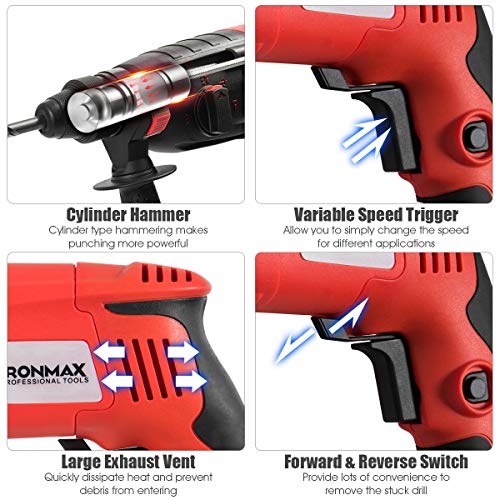 Goplus Professional Tools 1" SDS-Plus Rotary Hammer, 3 Mode in 1 Electric 9 Amp Corded Hammer Kit, with Adjustable Speed, Rotating Handle, Grease, Flat and Point Chisels, 3 Drill Bits and Case