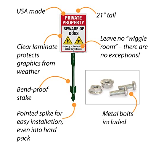 SmartSign Private Property Beware of Dogs Sign with Stake | 21" Tall Sign & Stake Kit - Property Protected by Video Surveillance Sign For Yard/Lawn | 10x7 Inches Aluminum Metal Sign