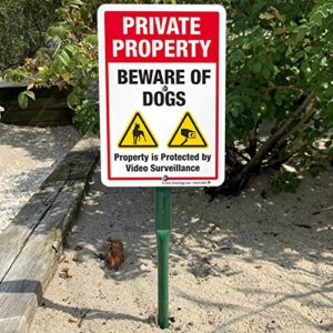 SmartSign Private Property Beware of Dogs Sign with Stake | 21" Tall Sign & Stake Kit - Property Protected by Video Surveillance Sign For Yard/Lawn | 10x7 Inches Aluminum Metal Sign