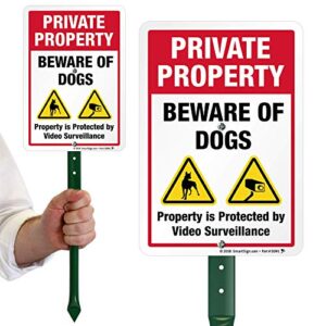 SmartSign Private Property Beware of Dogs Sign with Stake | 21" Tall Sign & Stake Kit - Property Protected by Video Surveillance Sign For Yard/Lawn | 10x7 Inches Aluminum Metal Sign