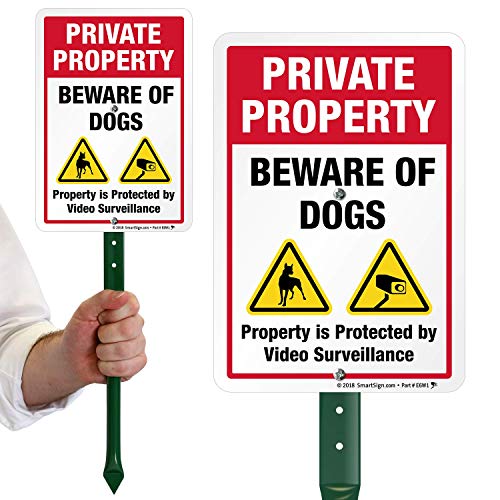 SmartSign Private Property Beware of Dogs Sign with Stake | 21" Tall Sign & Stake Kit - Property Protected by Video Surveillance Sign For Yard/Lawn | 10x7 Inches Aluminum Metal Sign