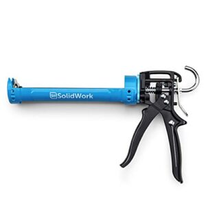 solidwork drip-free caulk gun with ergonomic steel handle, up to 1/10 gallon cartridge, adjustable 24:1 or 12:1 thrust ratio 1/10 gallon cartridge | blue caulking gun